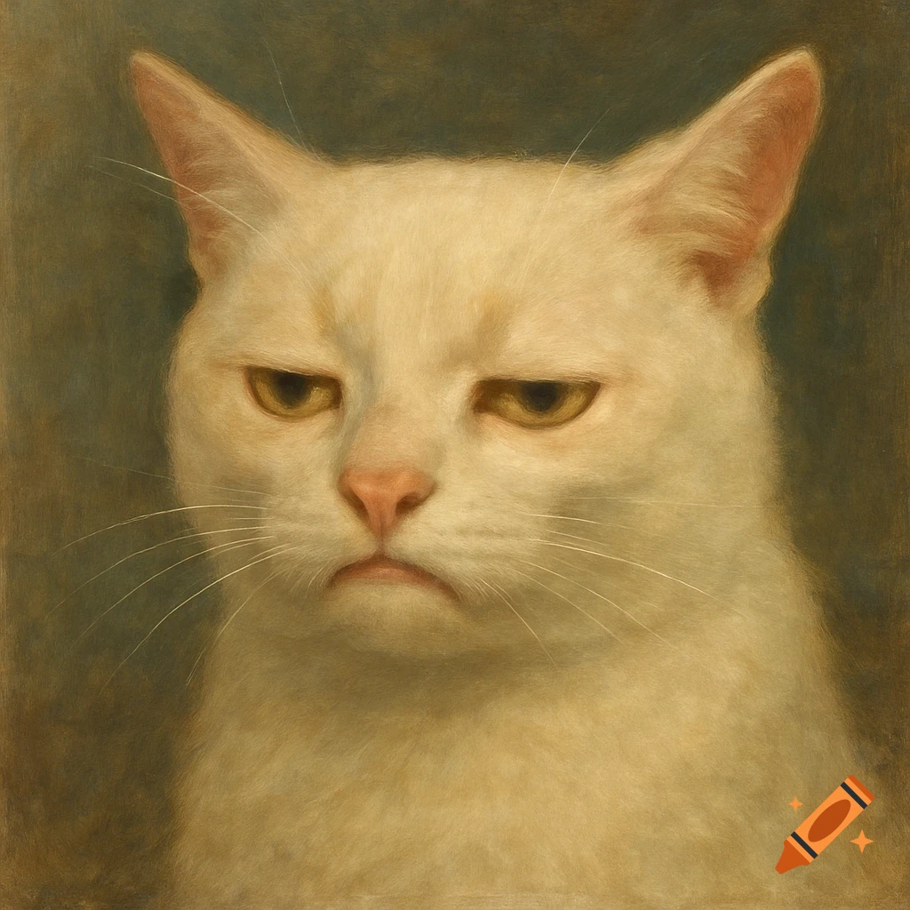 Painting of a grumpy white cat on Craiyon