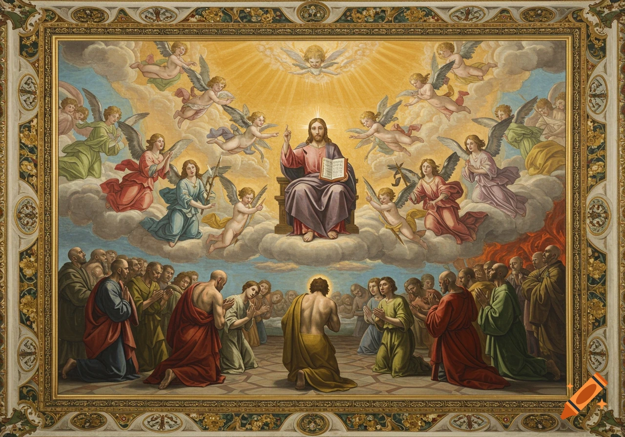 Jesus on clouds surrounded by angels and kneeling figures below, in a ...