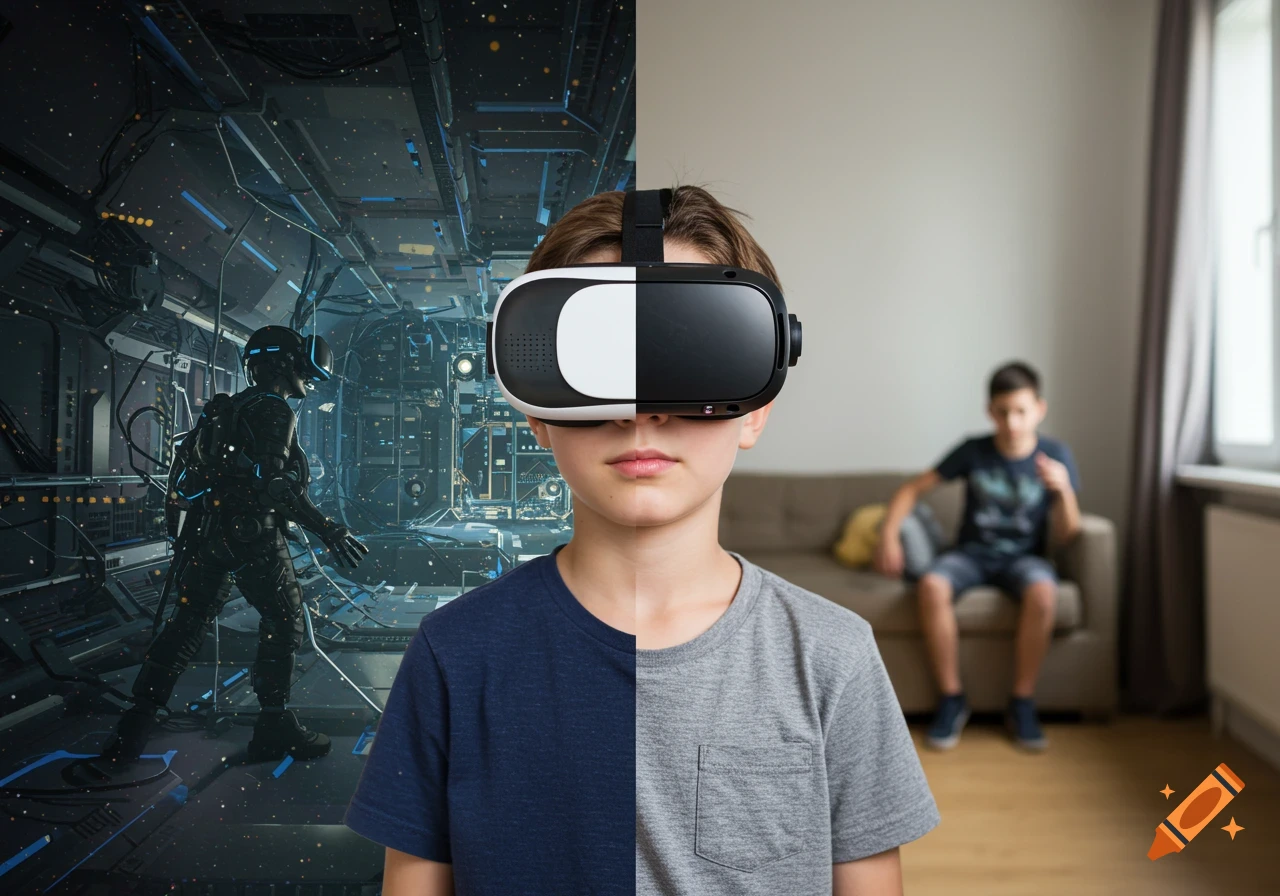 Boy split view, wearing VR headset seeing sci-fi scene, not wearing ...
