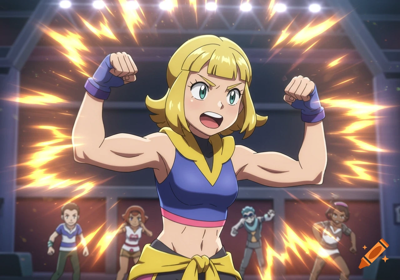 Orla from Pokémon Horizons flexing muscles in a gym, anime style. on ...