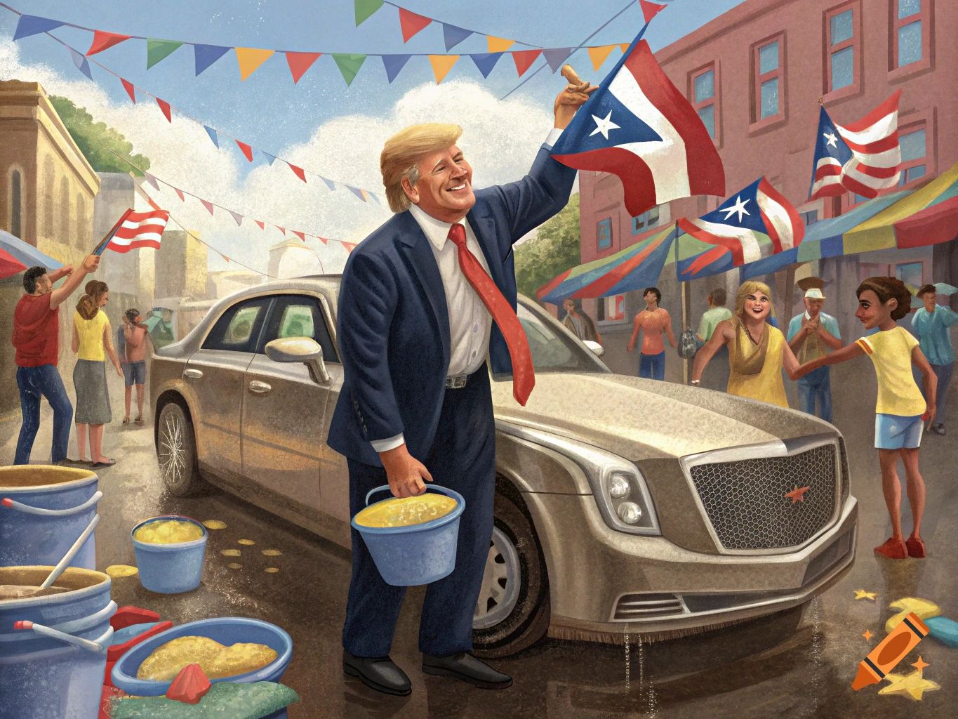 Illustration of Donald Trump holding a Puerto Rican flag and bucket ...