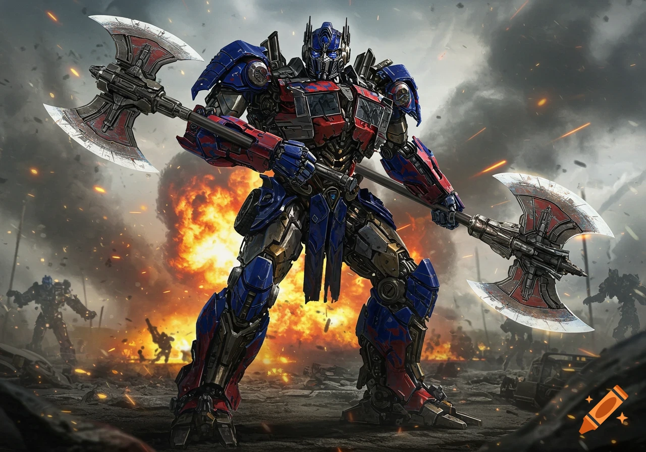 Optimus Prime standing heroically with his battle axe in a chaotic ...