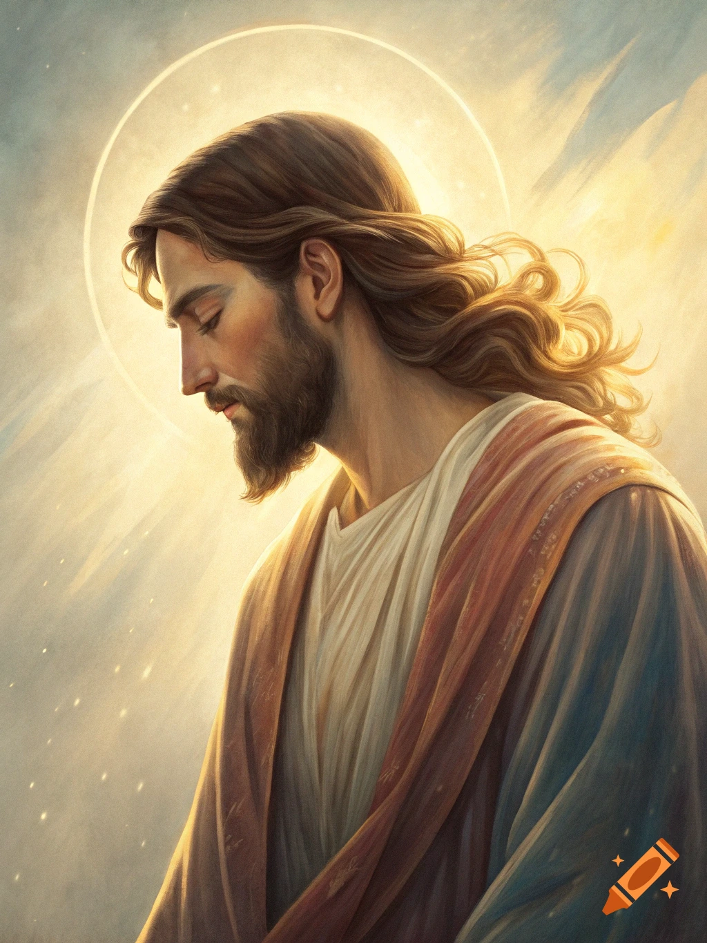 Portrait of Jesus Christ looking down, bathed in golden light with a ...