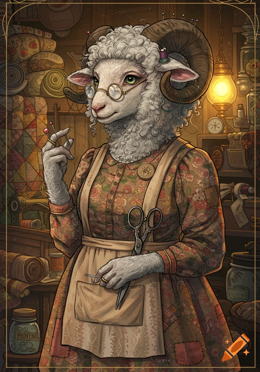 An anthropomorphic sheep wearing an apron holds needles and scissors in ...