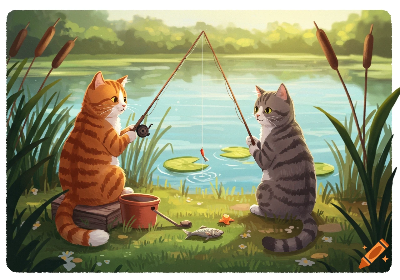 Two tabby cats fishing by a lake in an illustration. on Craiyon