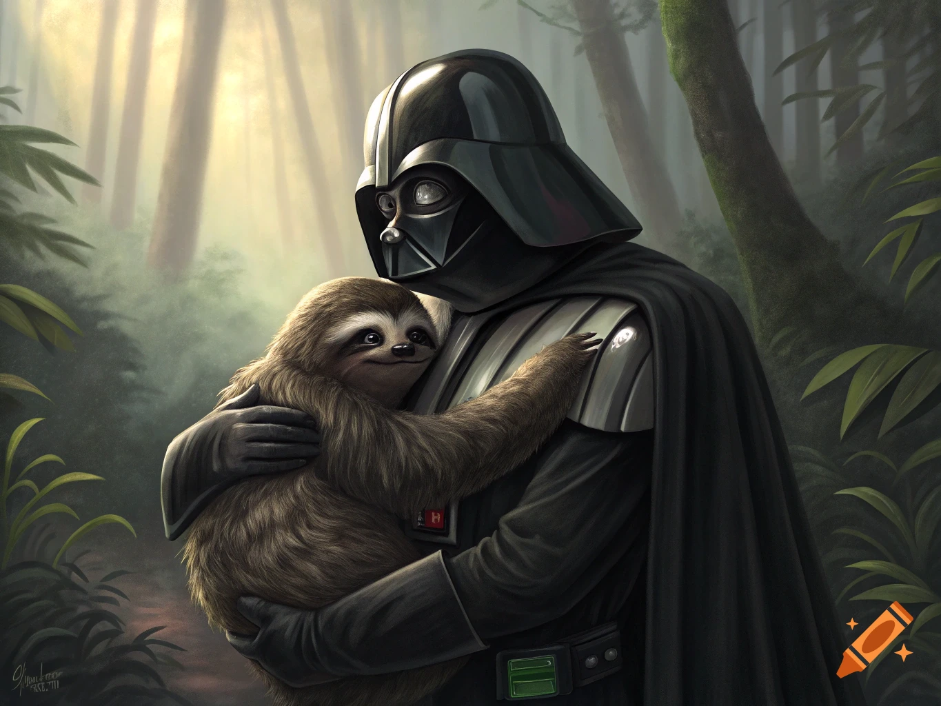 Darth Vader hugs a sloth in a sunlit forest. on Craiyon