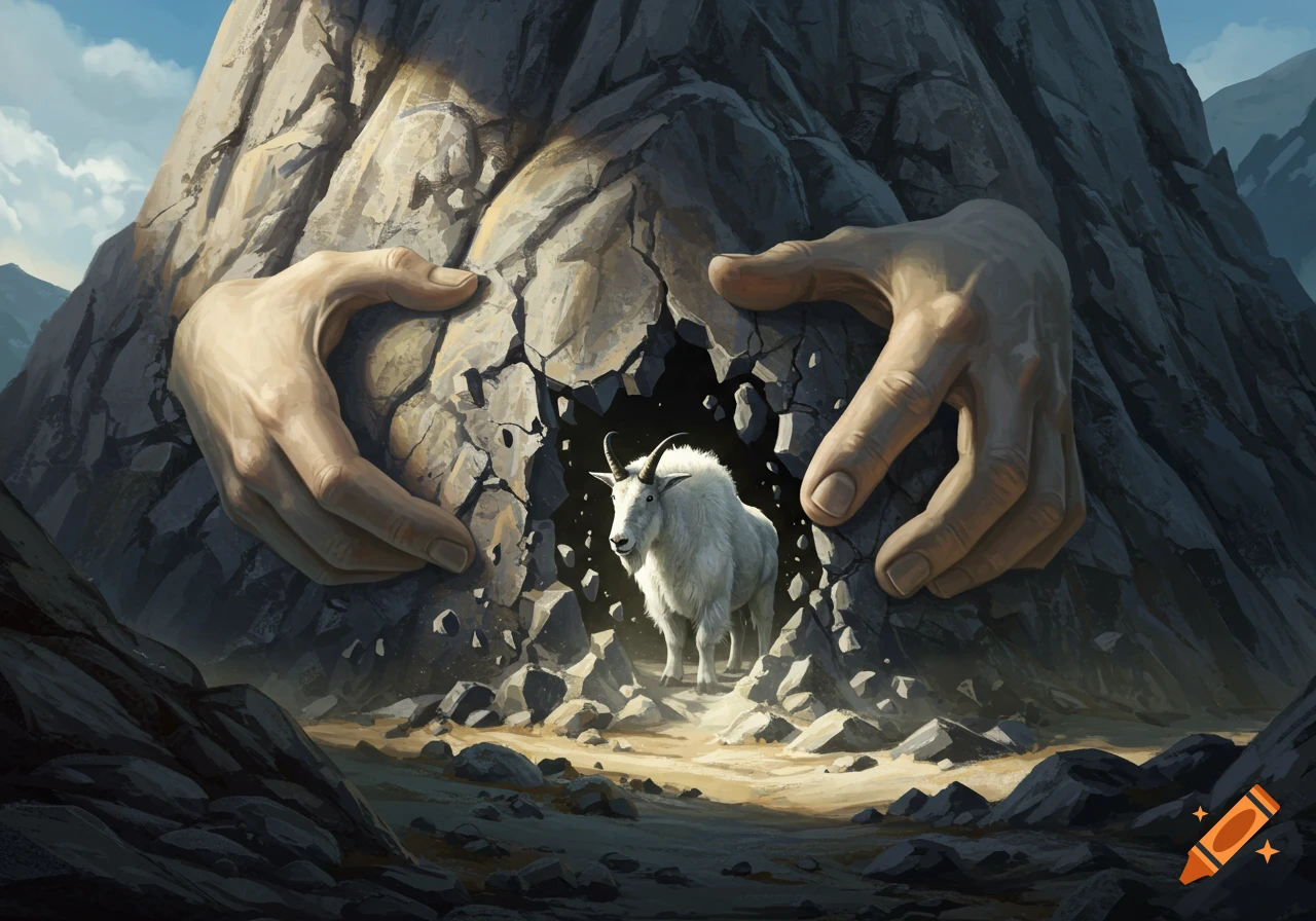 A white goat emerges from a rock formation pulled open by giant hands ...