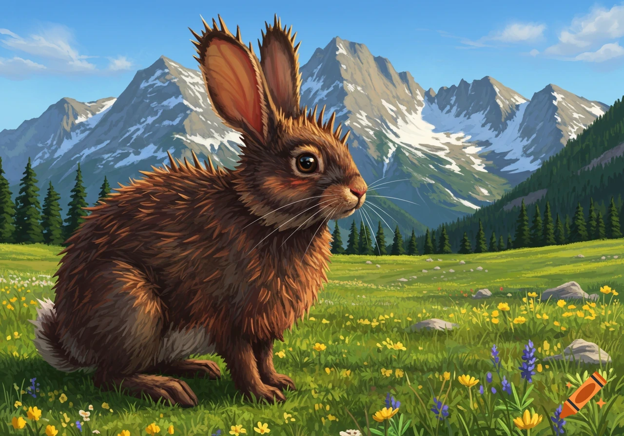 A brown bunny with spiky fur in a mountain meadow, digital illustration ...