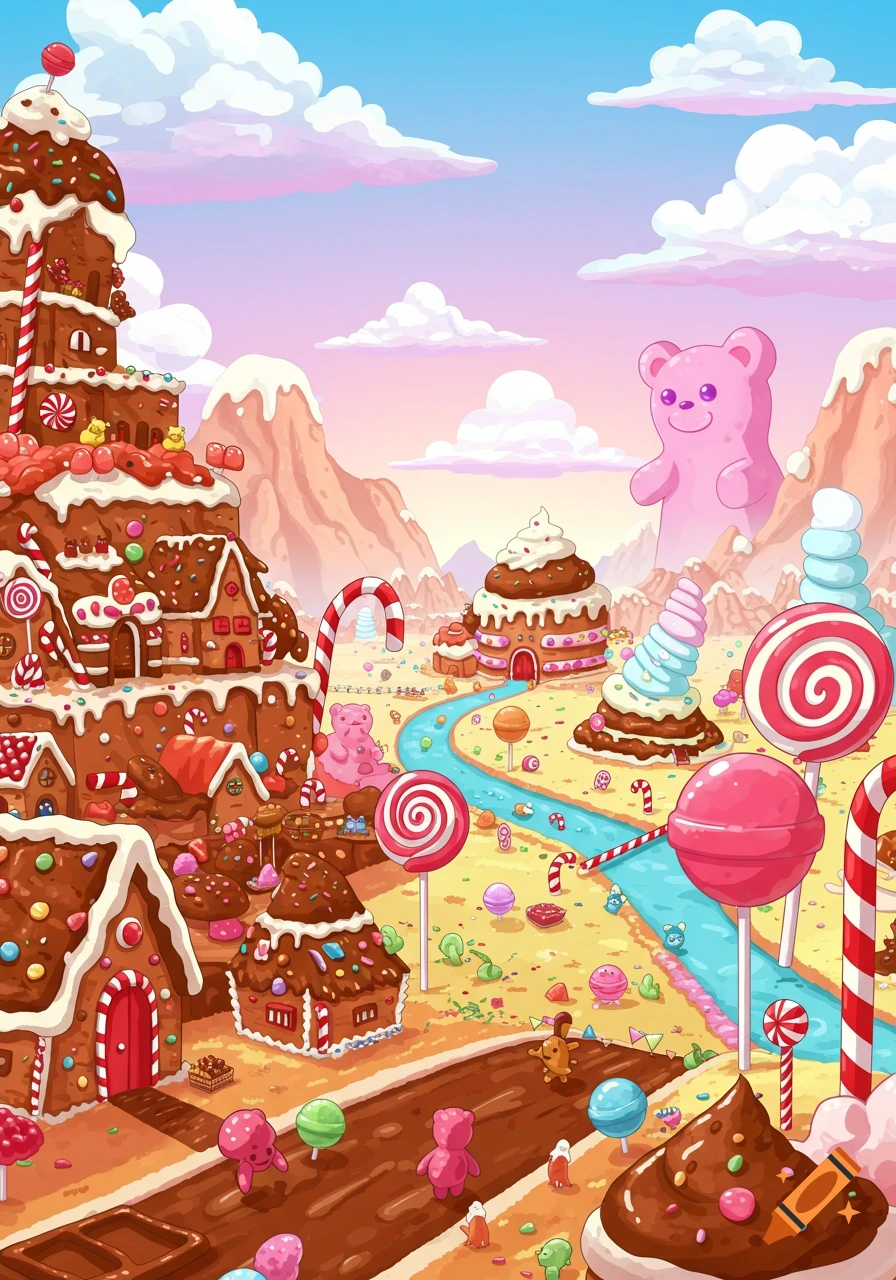 Cartoon fantasy candy land with gingerbread houses, giant lollipops, a ...
