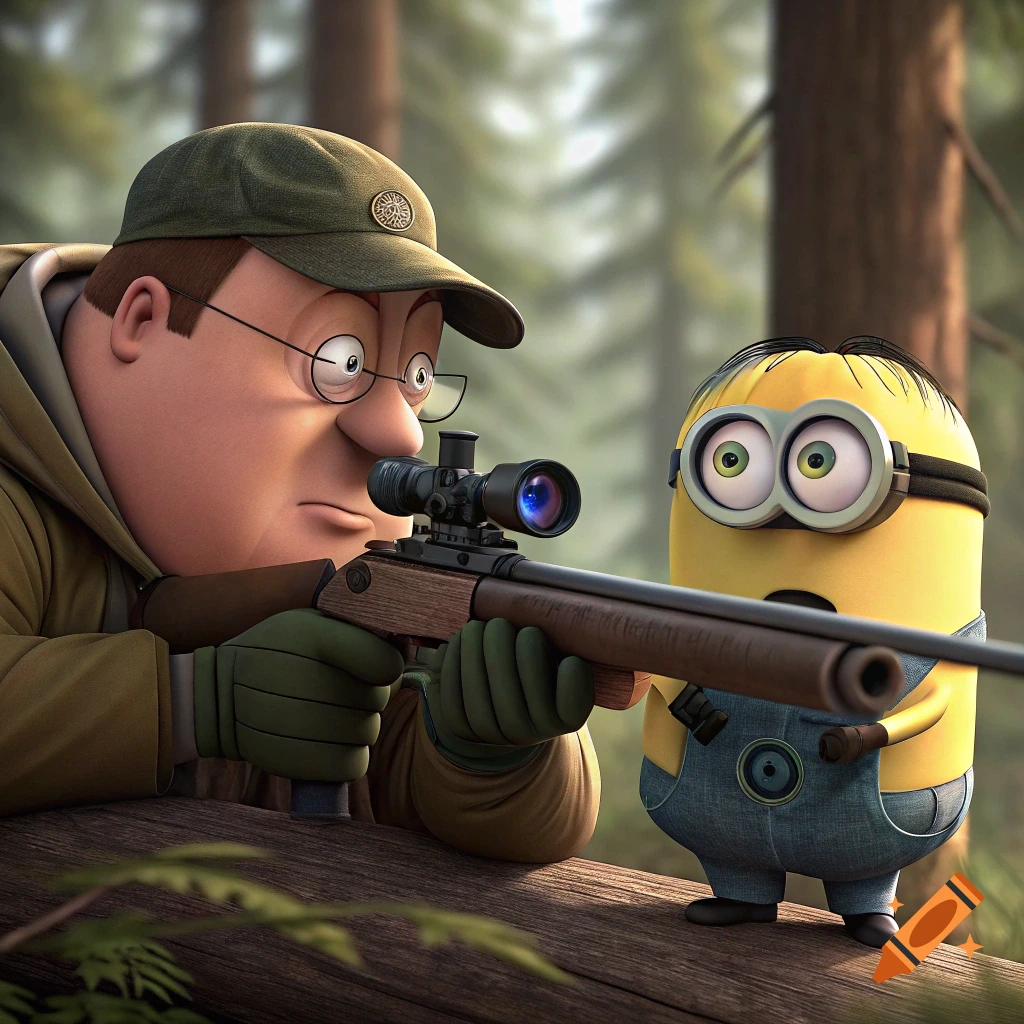 Peter Griffin aims a rifle with a scope while a Minion stands beside ...