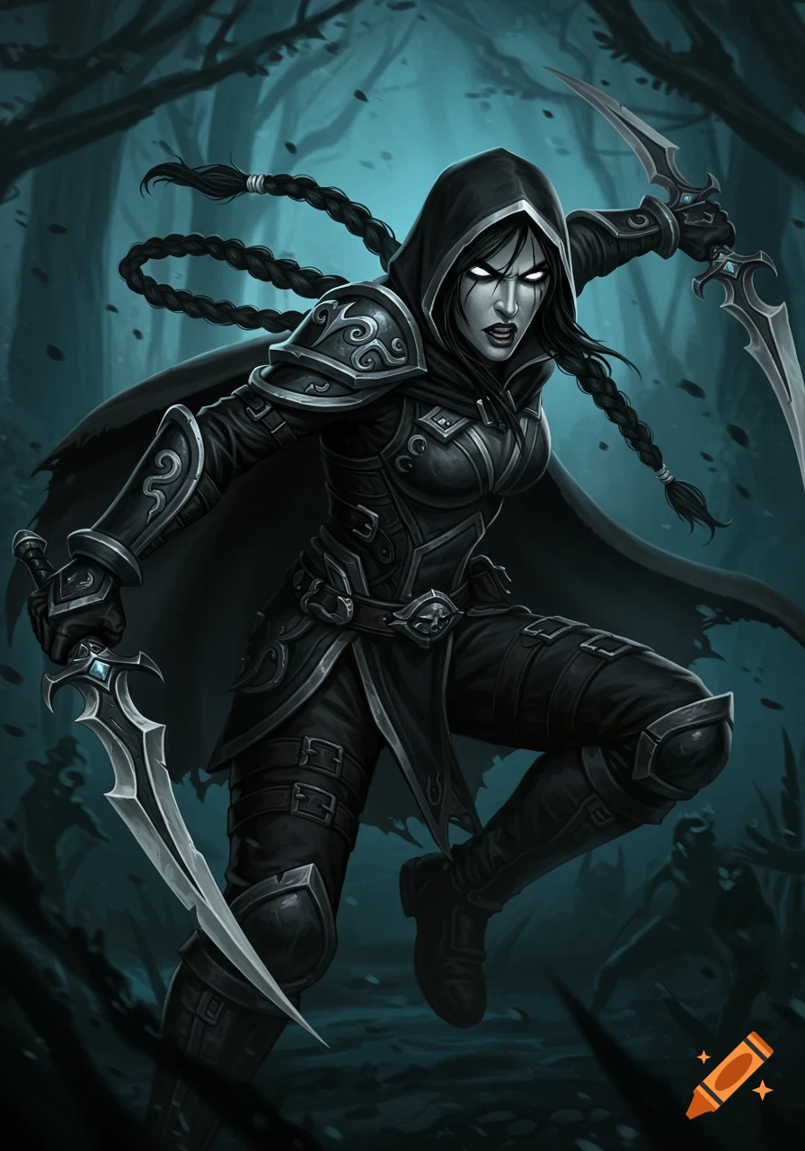 Dark fantasy illustration of a female rogue in black armor dual ...