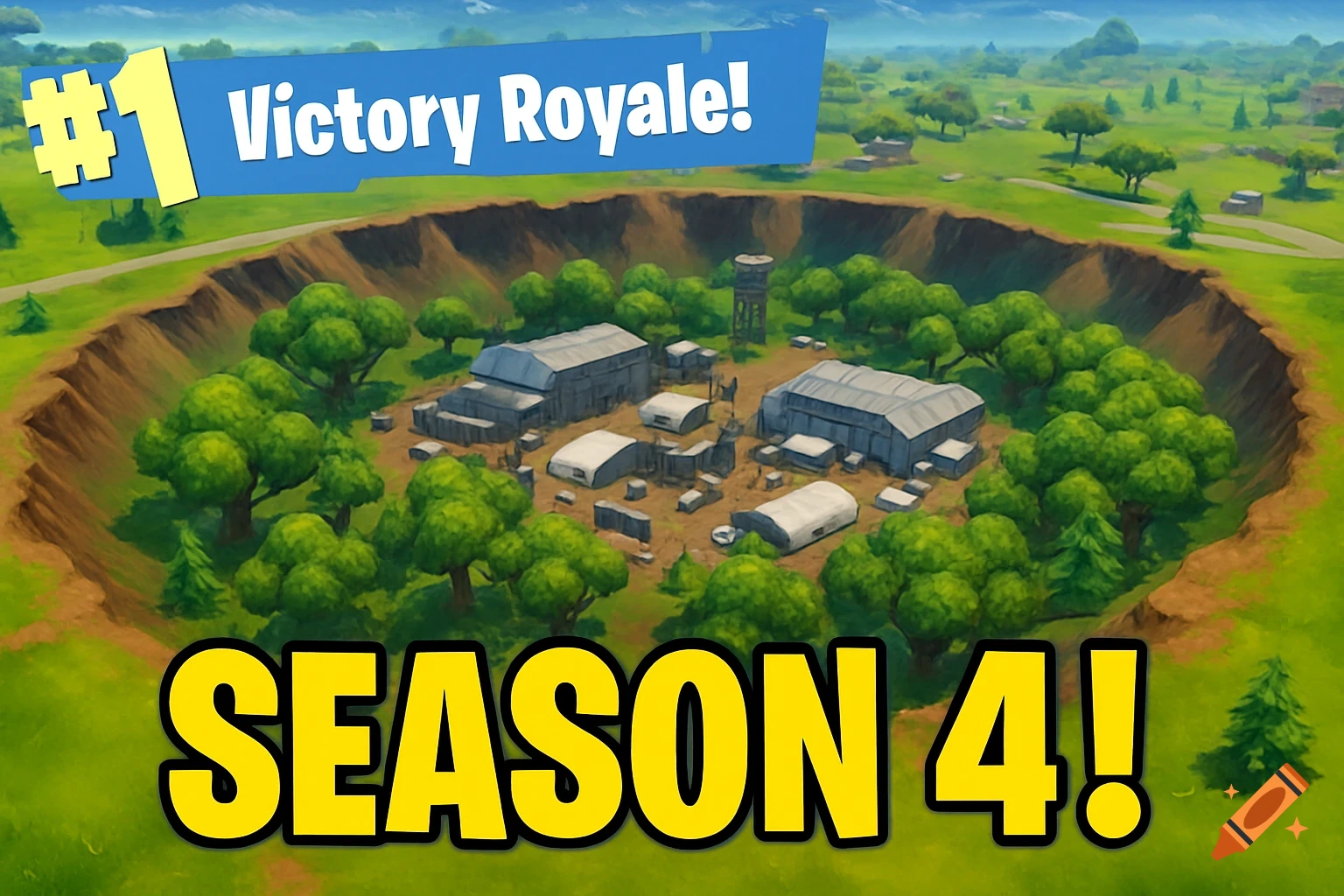 Aerial view of Dusty Divot in Fortnite with a "#1 Victory Royale ...