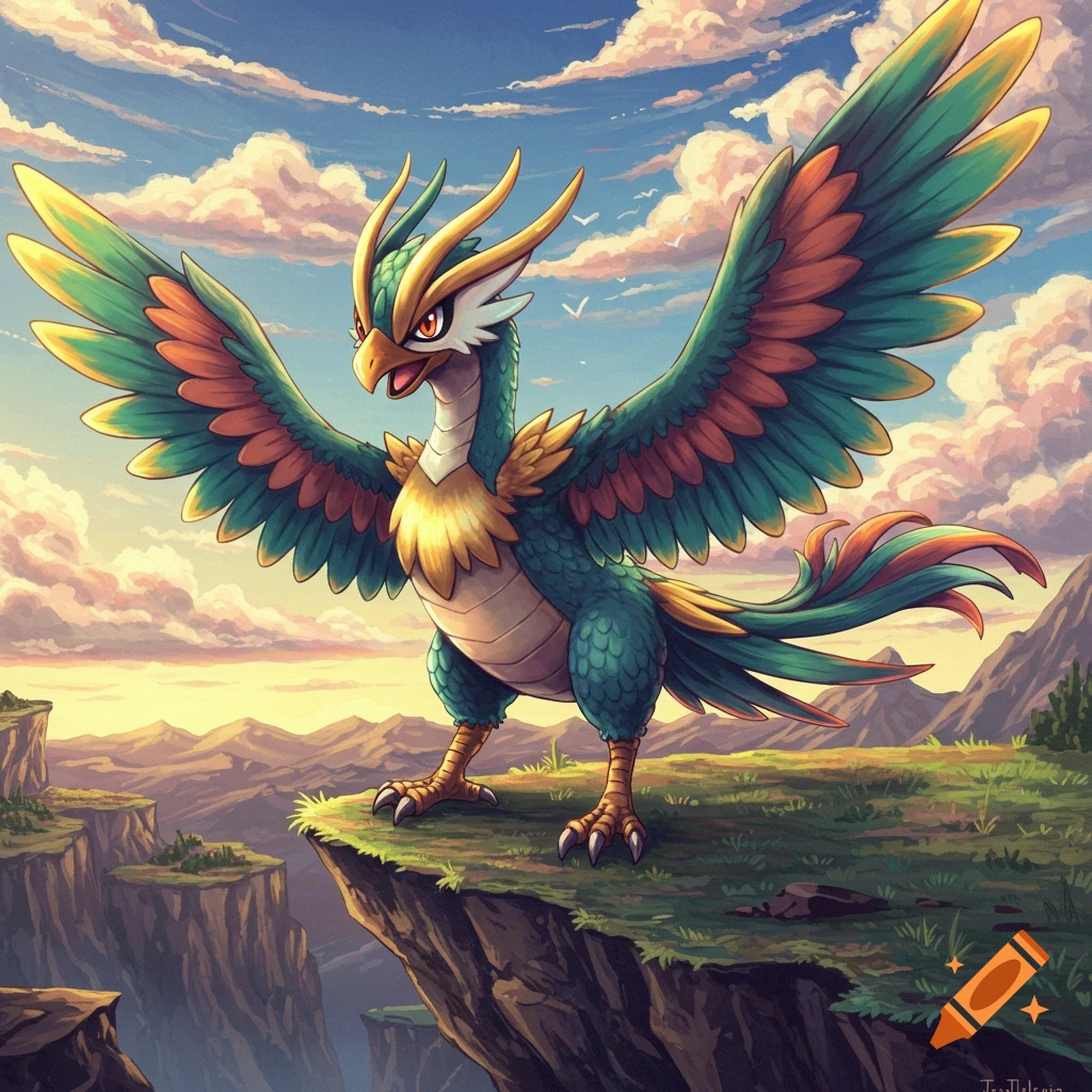 A vibrant bird dragon hybrid Pokemon stands on a cliff overlooking ...