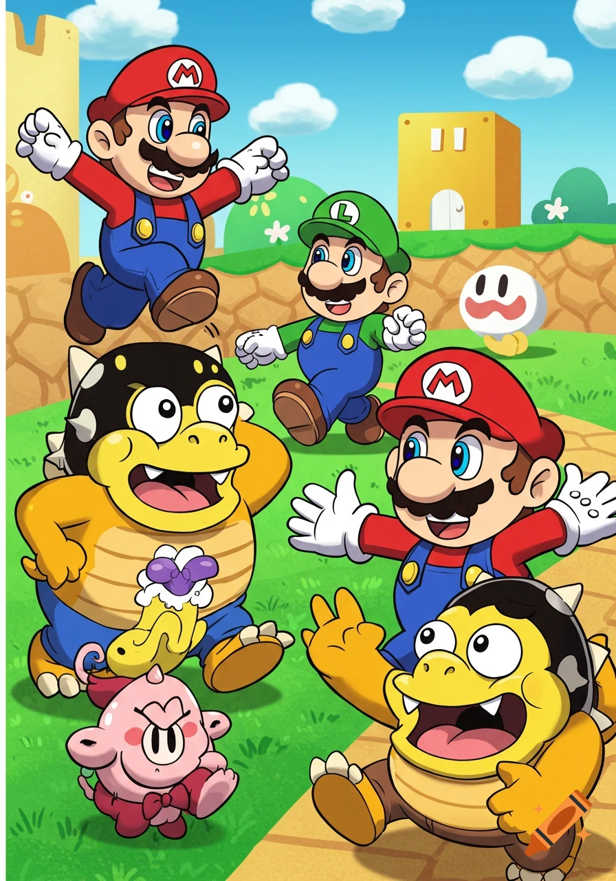 Cartoon illustration of Mario, Luigi, Bob, Fishy Boopkins, and a ghost ...