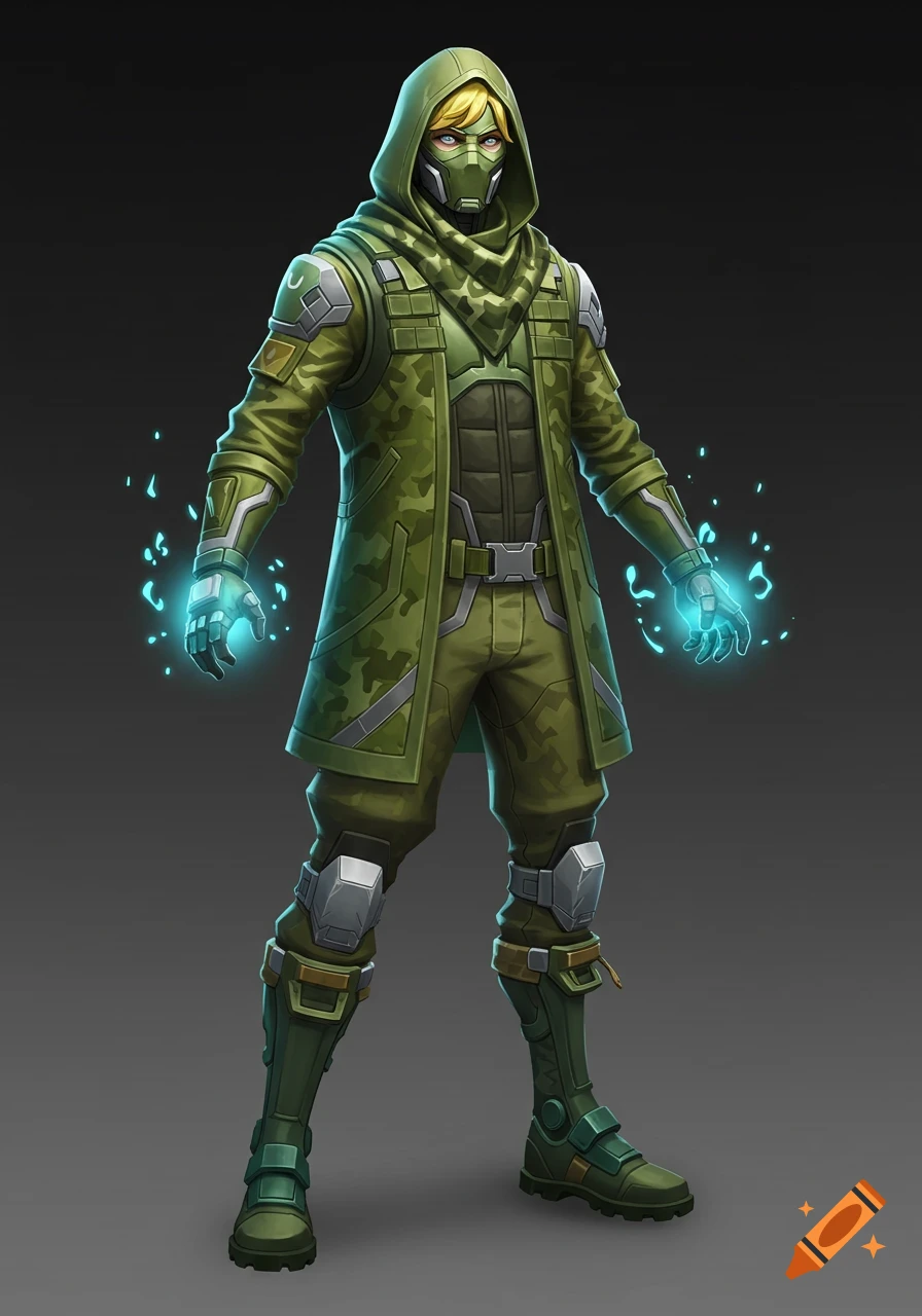 Fortnite character in green camo tactical suit with glowing blue hands ...