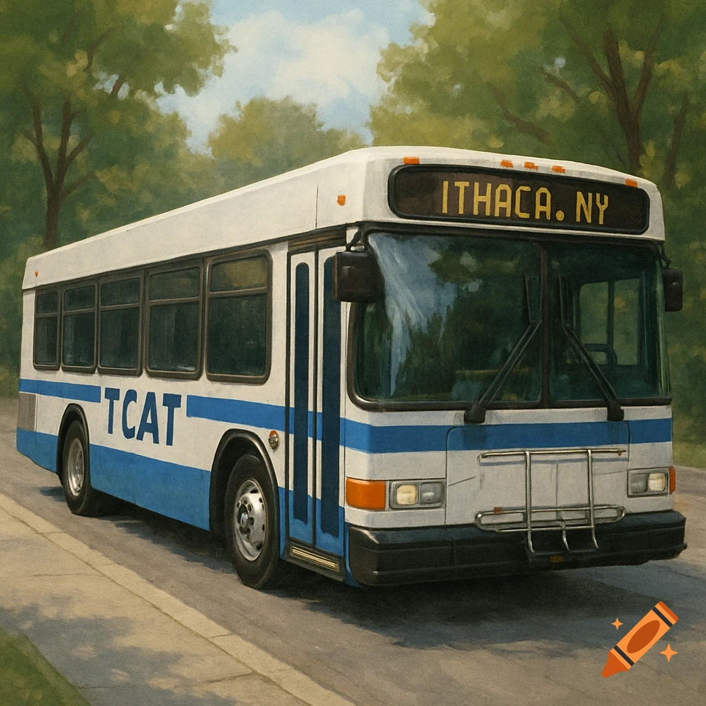 A painting of a white and blue bus that says TCAT and Ithaca, NY on it, parked on a road. on Craiyon