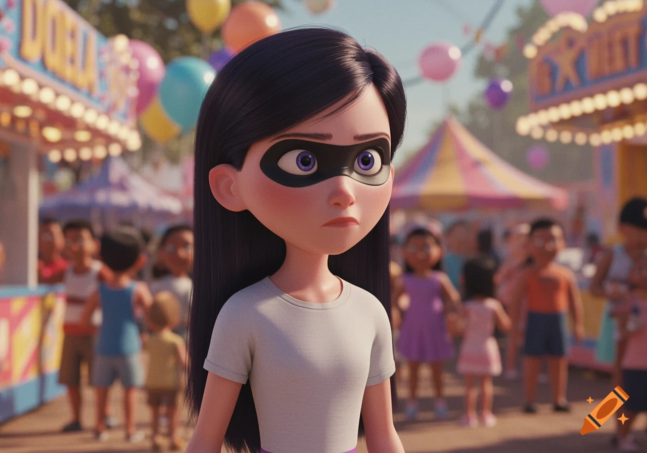 Cartoon character Violet from The Incredibles at a carnival on Craiyon