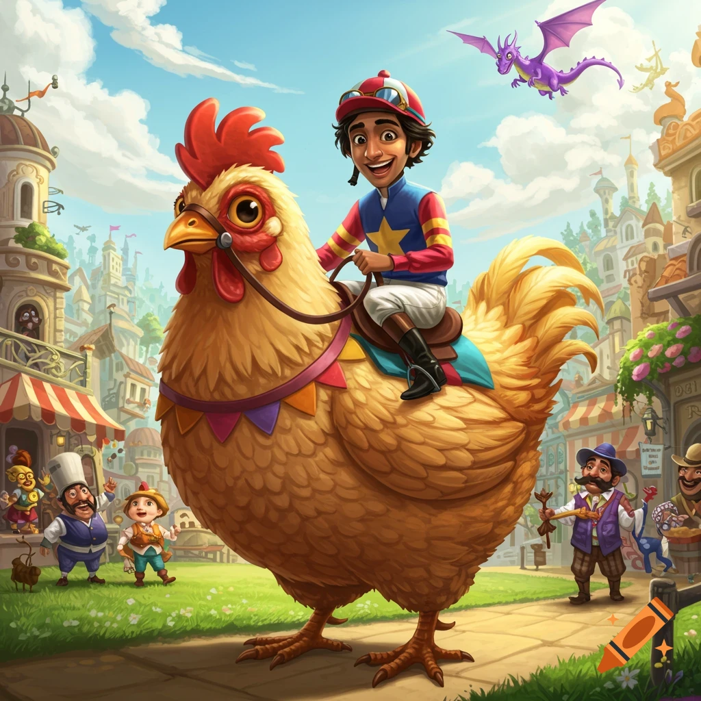 Cartoon jockey rides giant chicken in fantasy town square with dragon ...