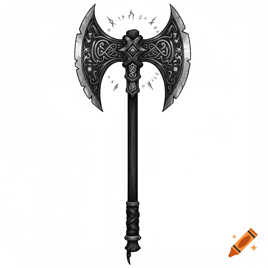 A detailed illustration of a black and gray fantasy double-bladed axe ...
