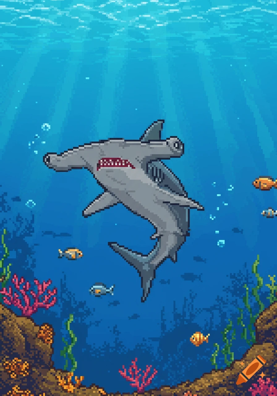 Pixel art drawing of a hammerhead shark swimming underwater on Craiyon
