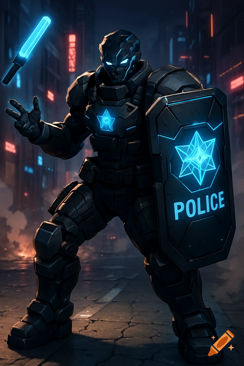 Anime-style futuristic police officer in dark armor with glowing shield ...