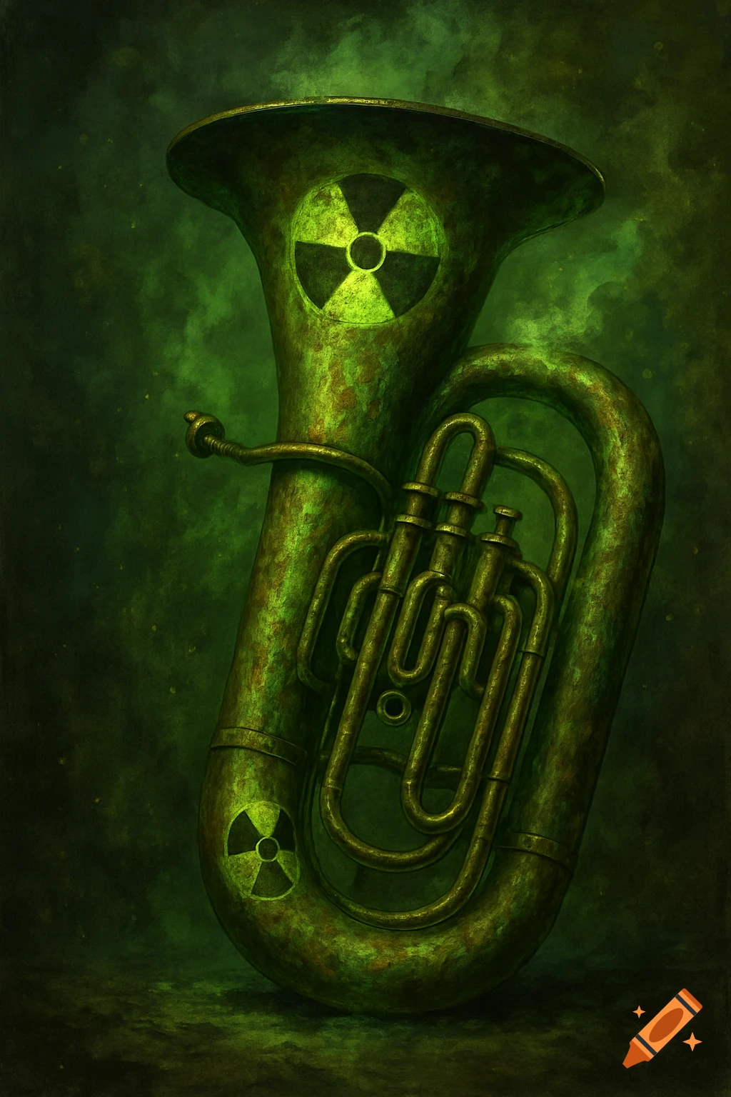 A grungey tuba with radiation symbols on a dark green background. on ...