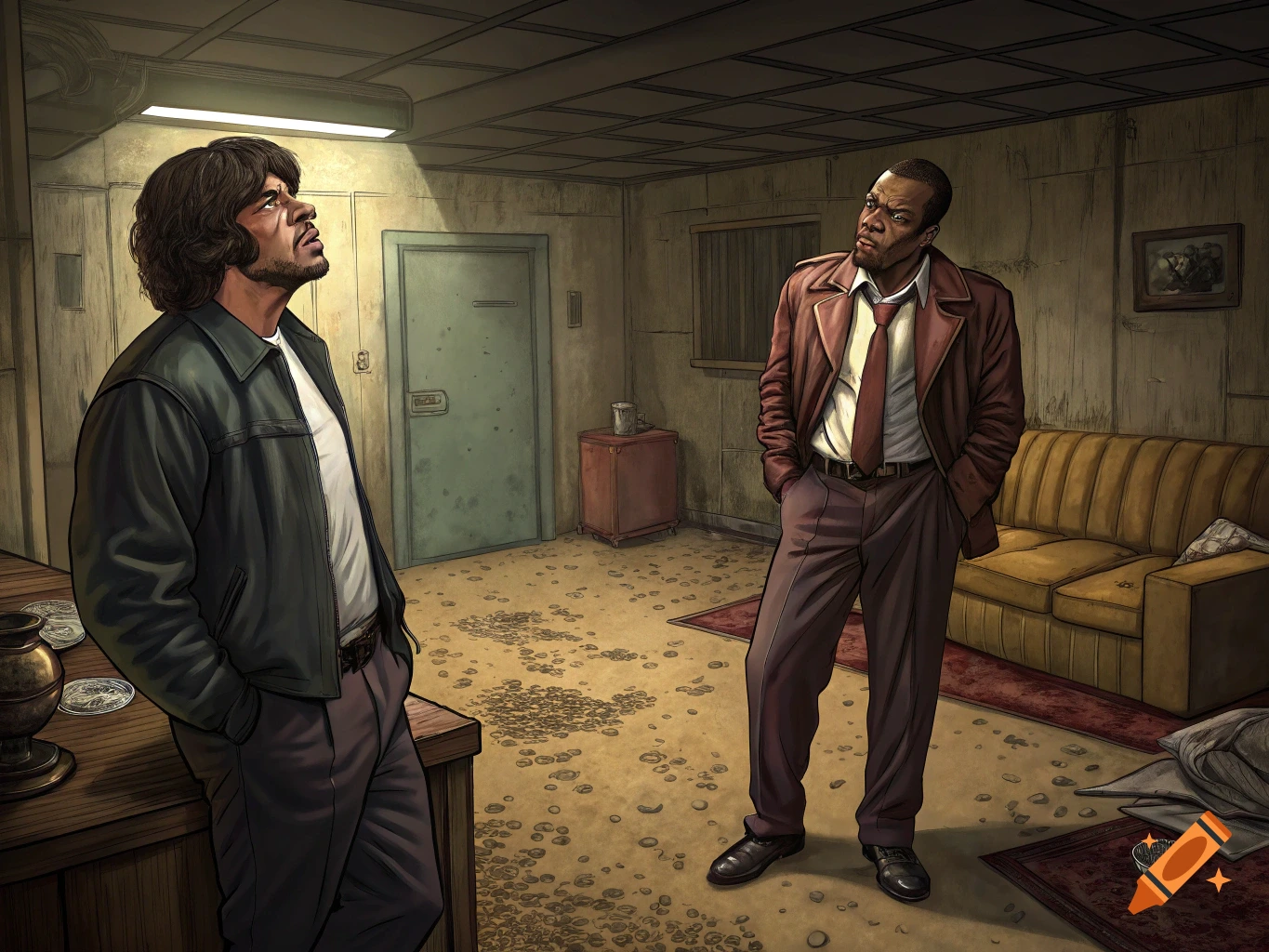 Two men in a dimly lit, worn room. One man looks up while the other ...