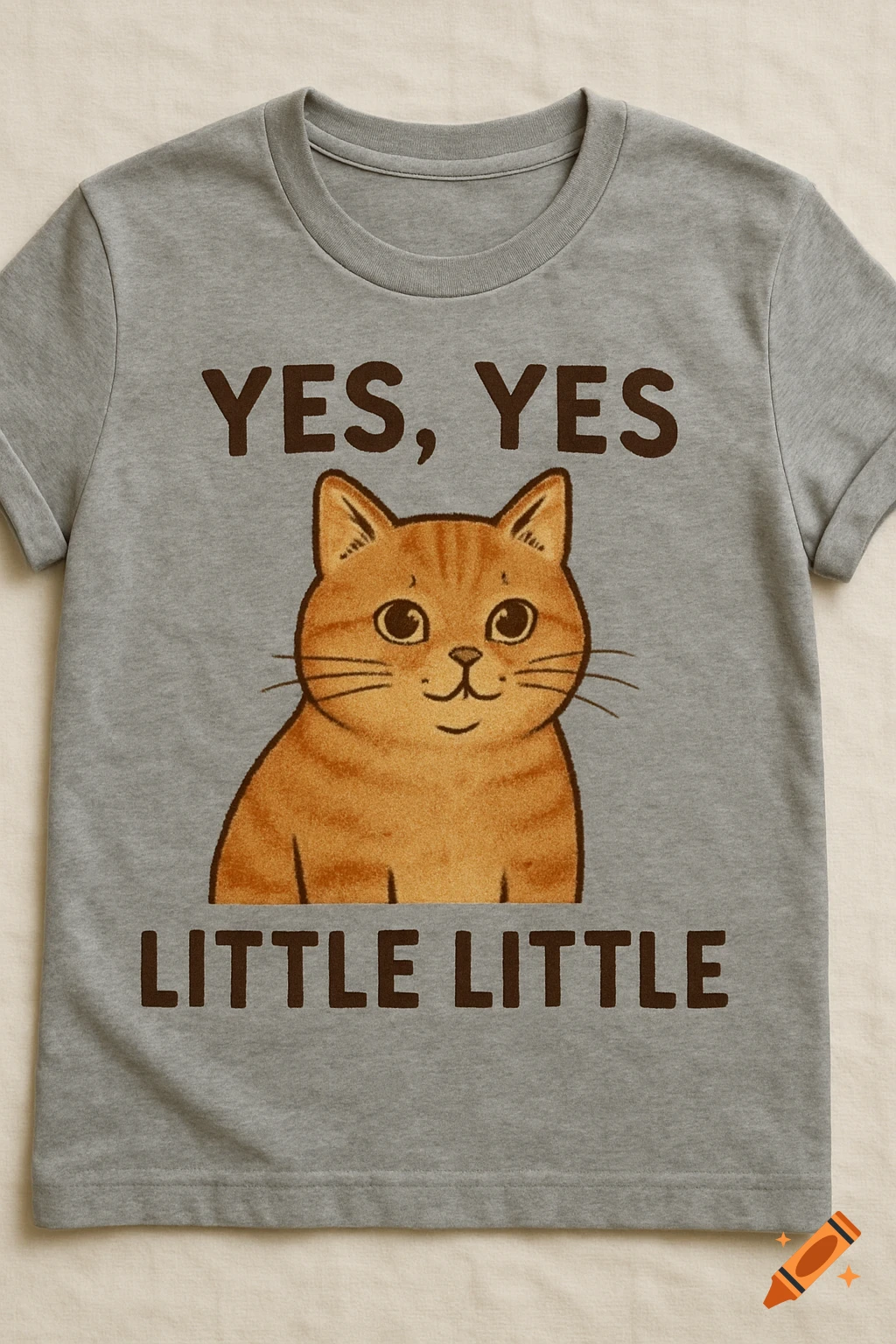 Grey t-shirt with cartoon ginger cat and text YES, YES LITTLE LITTLE on ...
