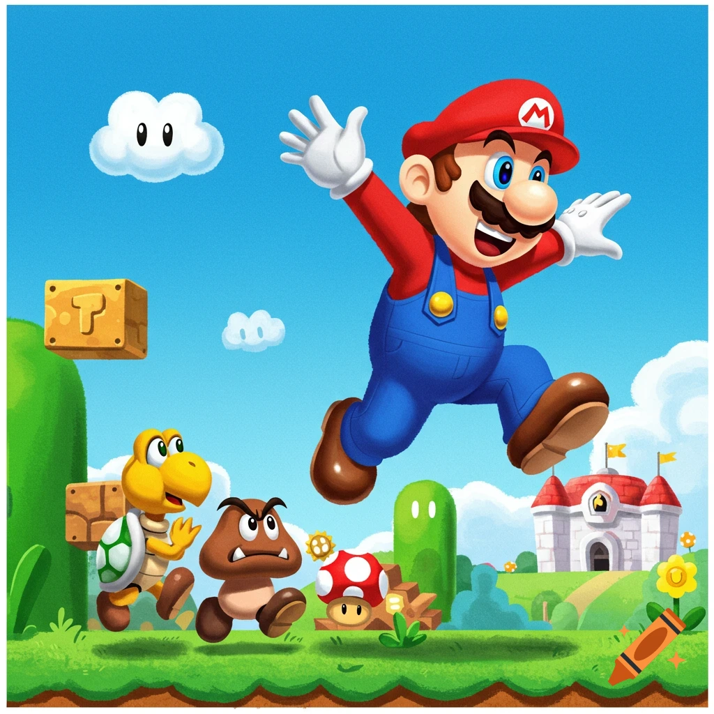 Mario jumps over Goomba, Koopa Troopa, and a mushroom in a colorful ...