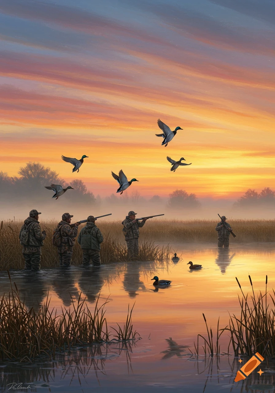 Painting of duck hunters in a marsh at sunset with ducks flying and ...