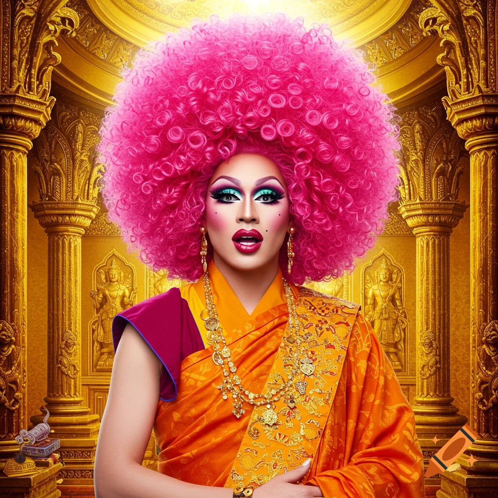 Drag queen in monk robes with pink afro wig and heavy makeup in a ...