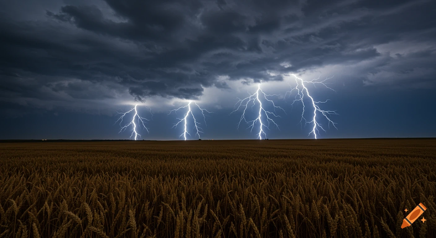Multiple lightning bolts strike a wheat field under a dark, stormy sky ...