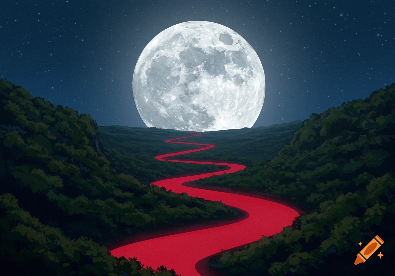 A large full moon over a winding red river flowing through a dark ...