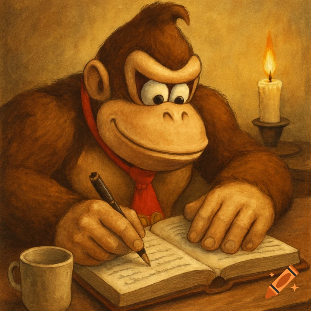 Painting of Donkey Kong sitting at a desk, writing in a book by ...