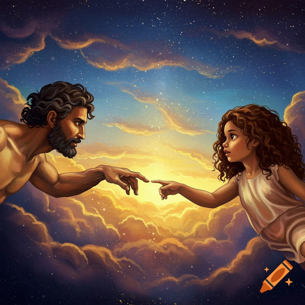 Man and girl reaching out to touch fingers in a celestial sky with ...
