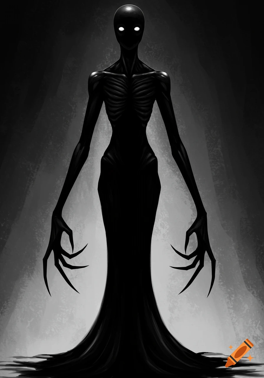 A tall, skinny black monster with glowing white eyes, a ribbed chest ...