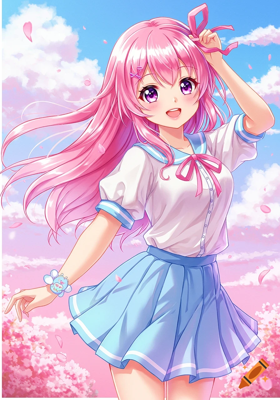 Anime Girl With Pink Hair In School Uniform Under Cherry Blossoms On