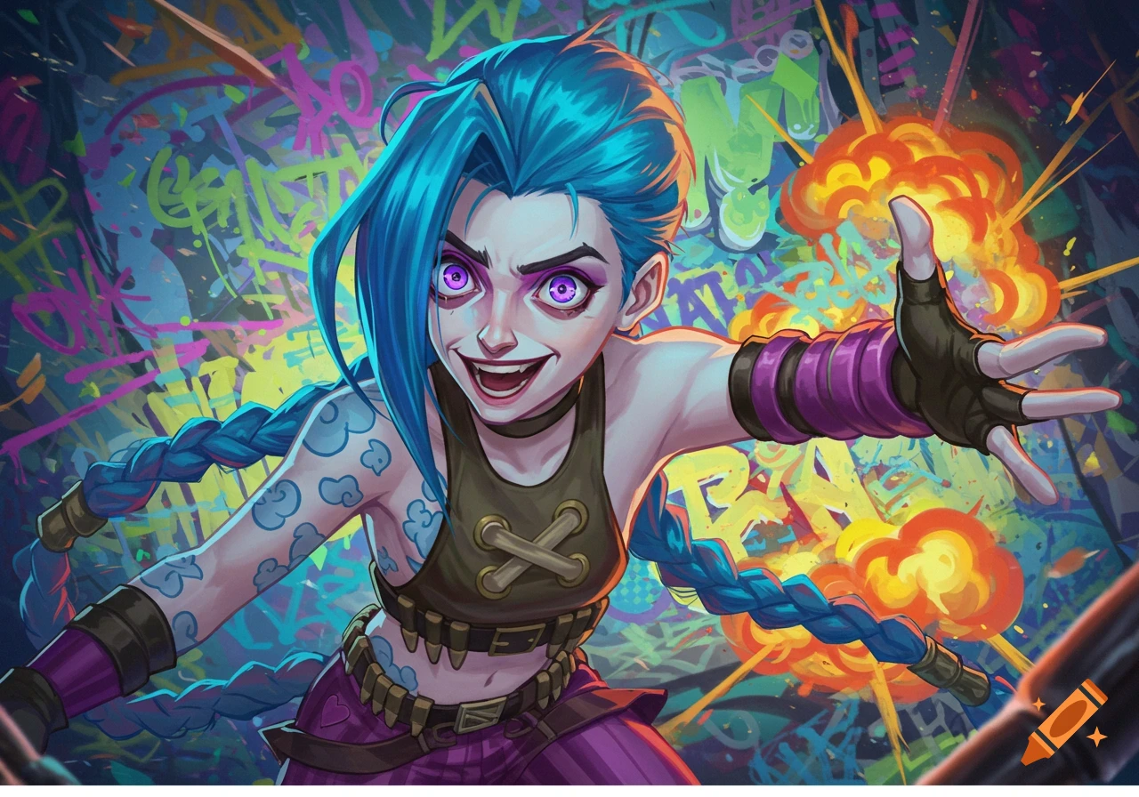 Cartoon illustration of Jinx smiling maniacally against a graffiti wall ...