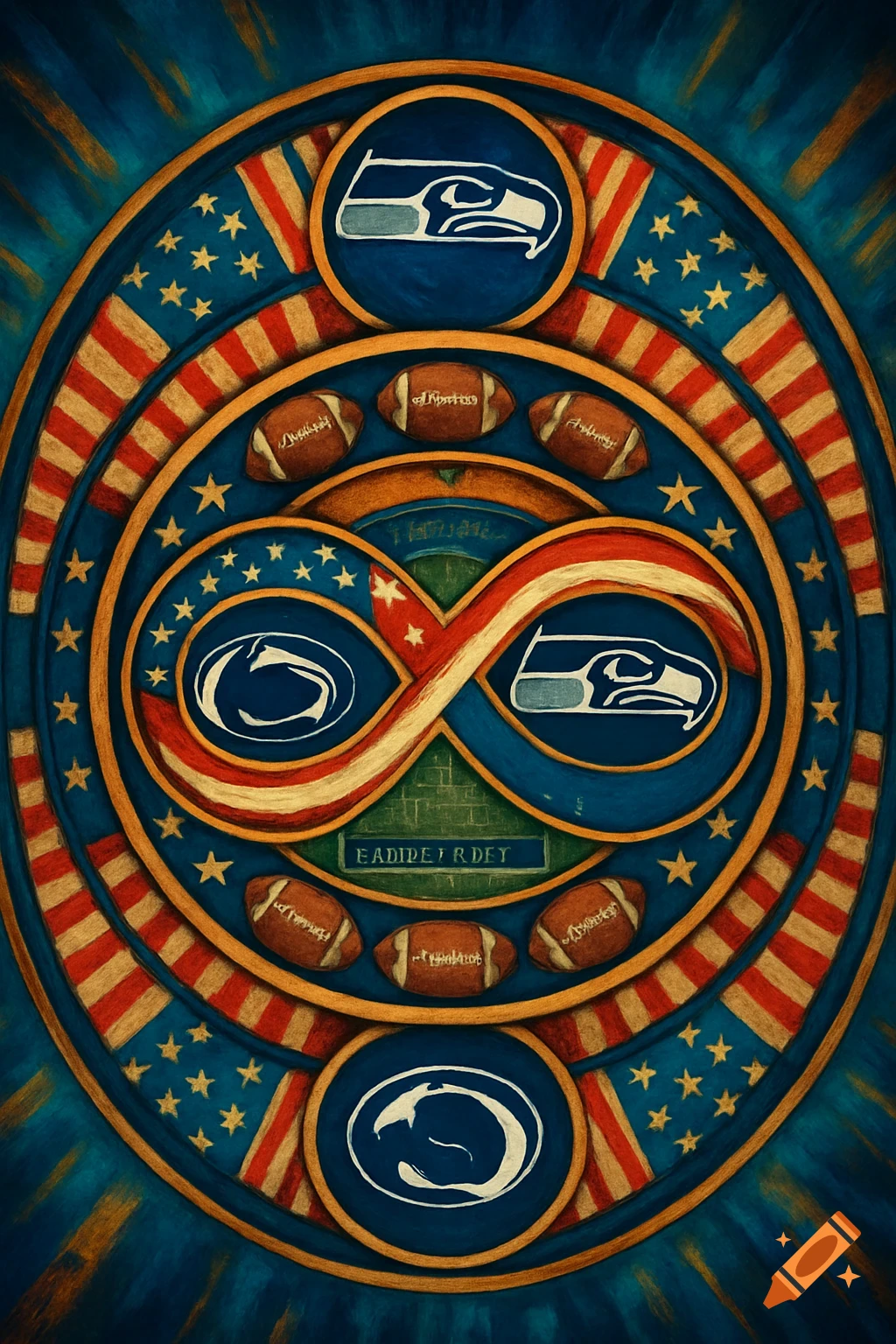 Circular design with Seahawks and Penn State logos, American flags ...
