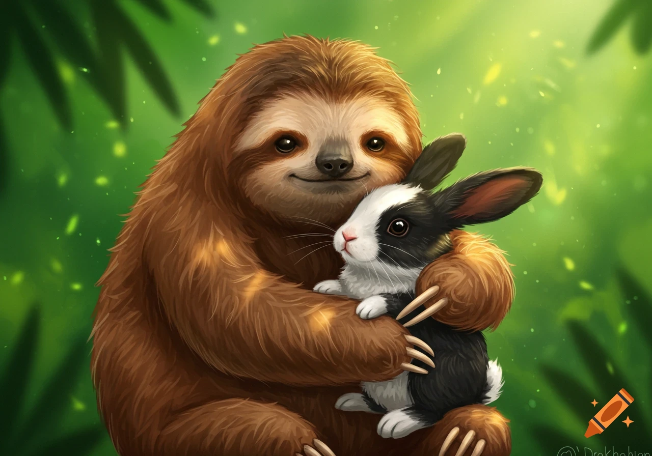 Illustration of a brown sloth hugging a black and white rabbit in a ...
