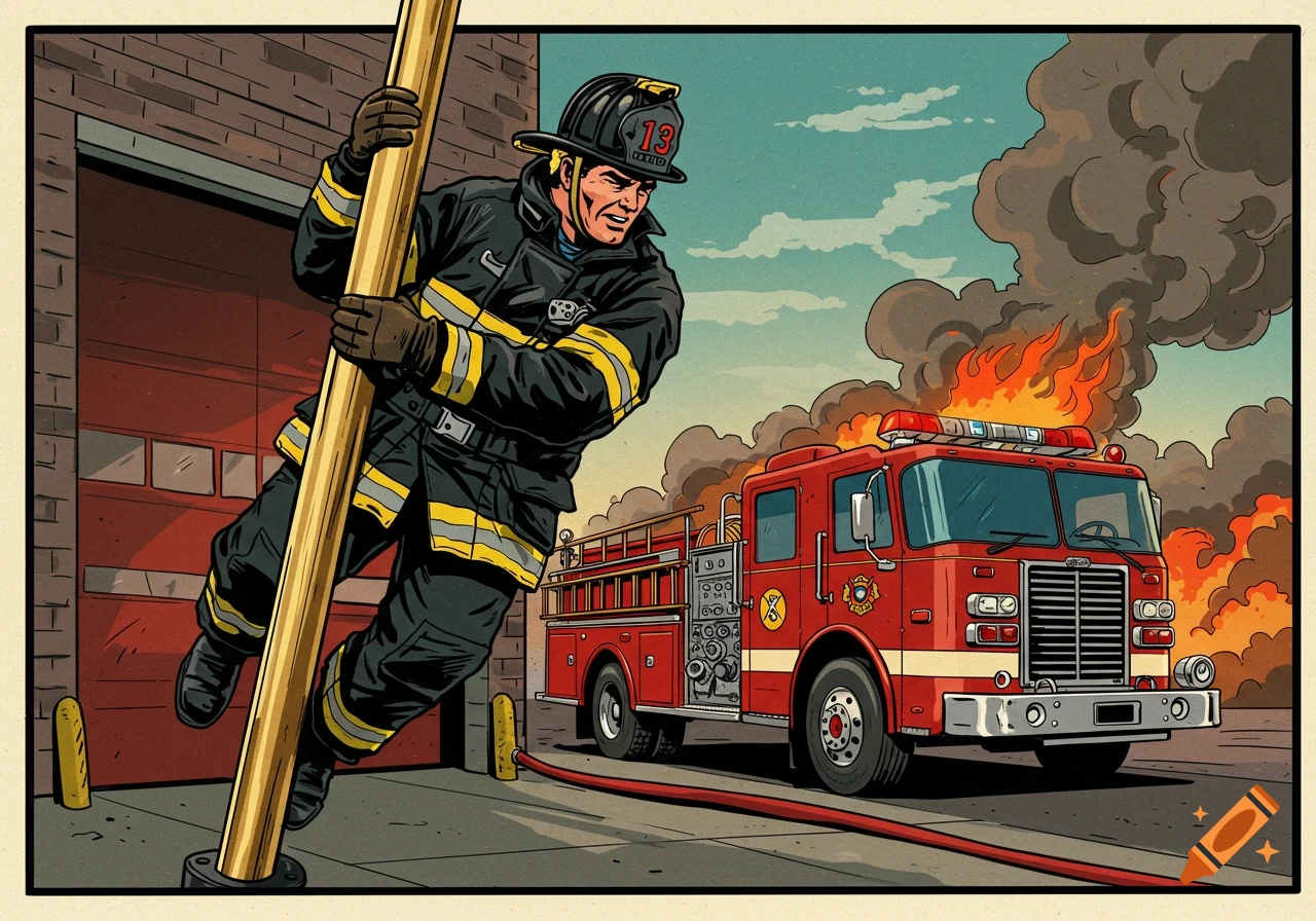 Illustration of a firefighter sliding down a pole next to a burning red ...