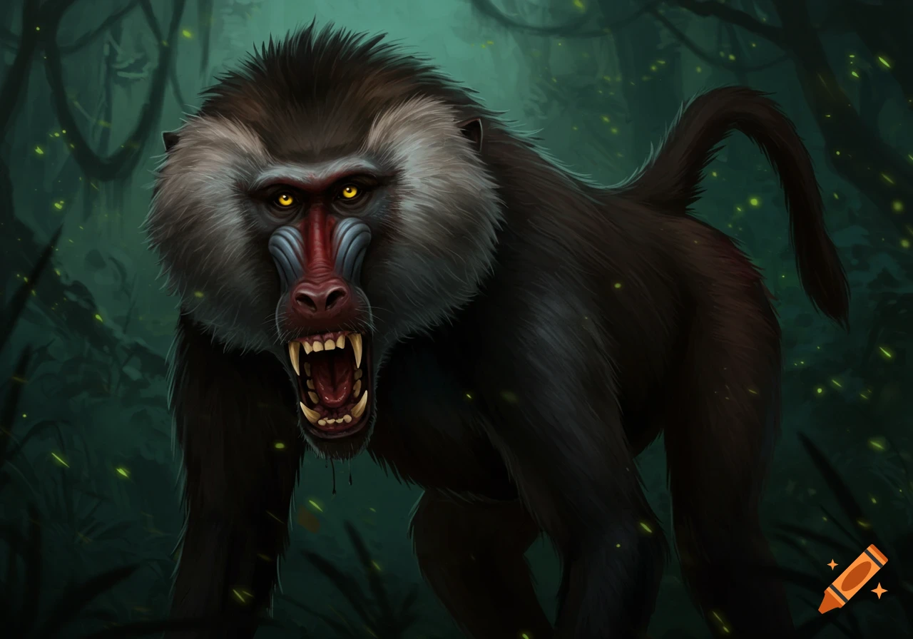 Scary baboon portrait with glowing eyes and bared teeth in a dark ...