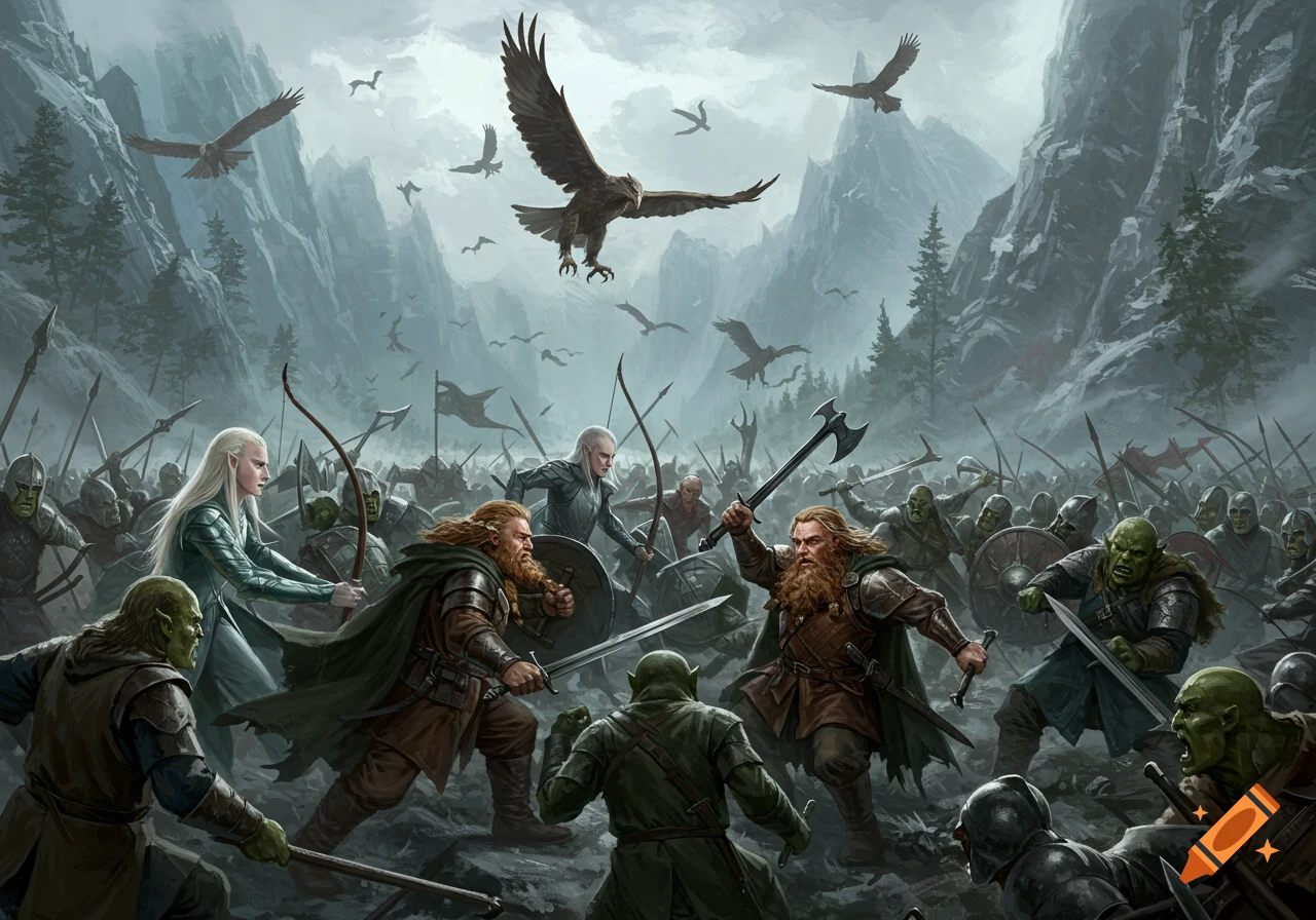 A vast fantasy battle scene with elves, dwarves, and orcs fighting ...