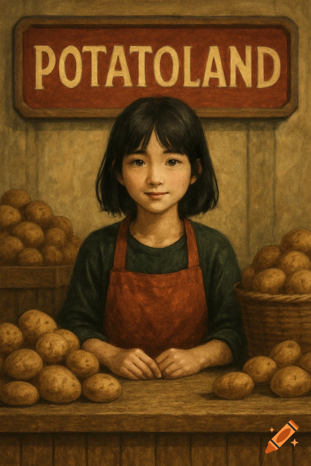 Illustration of a young girl behind a counter in a shop called ...