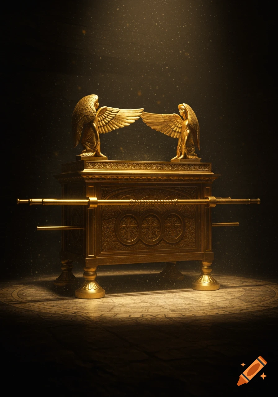 A golden Ark of the Covenant with cherubim statues bathed in light. on ...