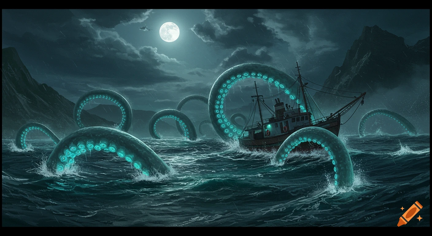 Giant kraken tentacles attack a fishing boat in a stormy sea under a full moon (digital painting ...