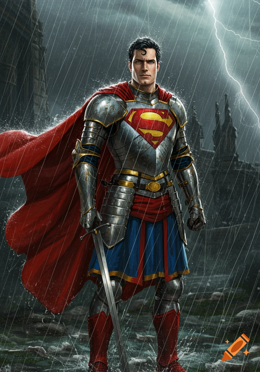 Superman as a knight in medieval armor stands in heavy rain with ...