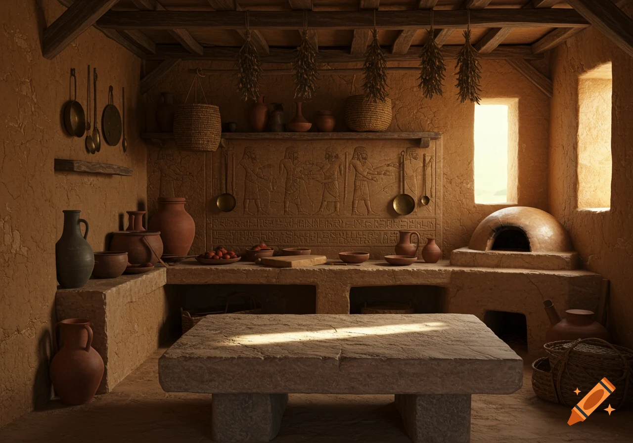 An ancient Assyrian kitchen with a stone table, clay pots, woven ...
