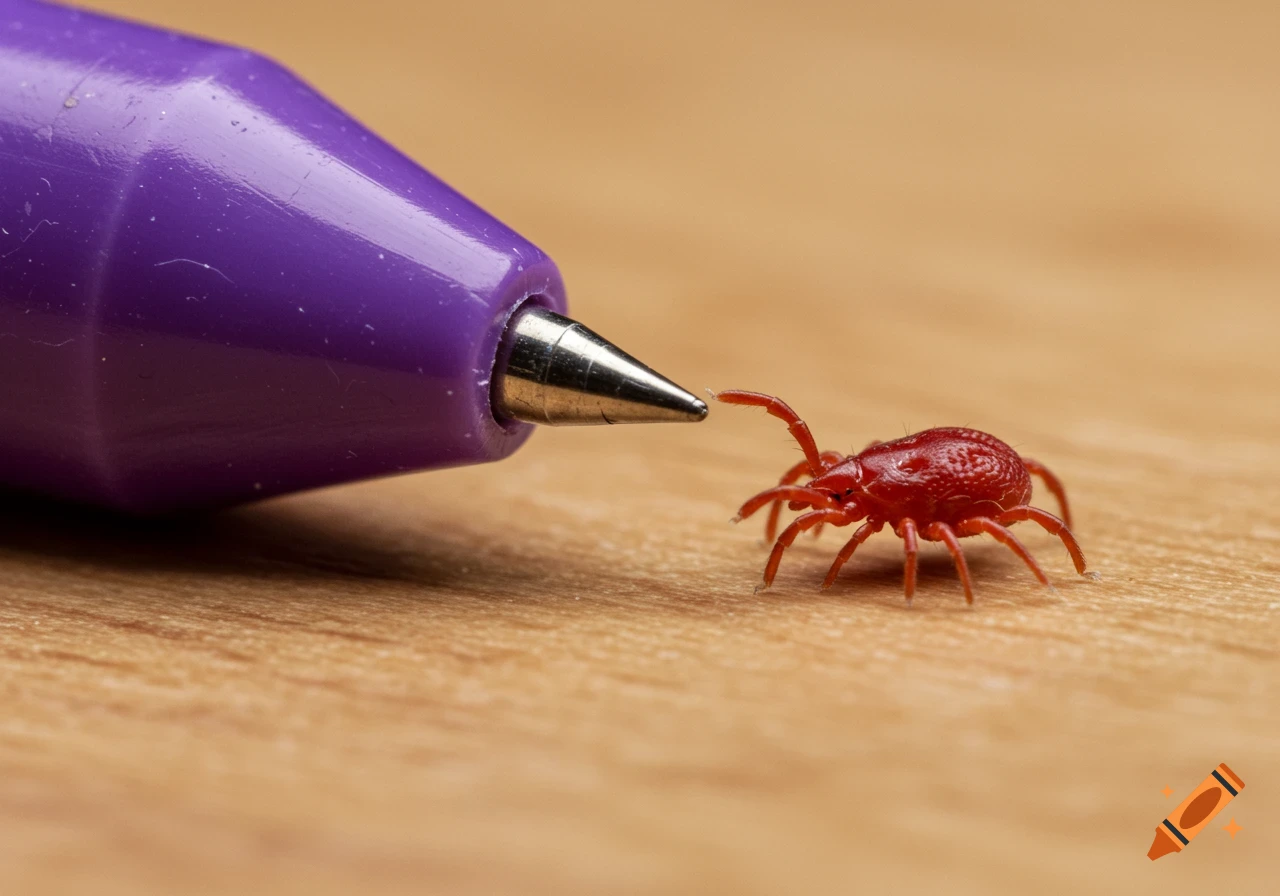 Close-up of a red mite next to a purple pen tip on a wooden surface. on ...