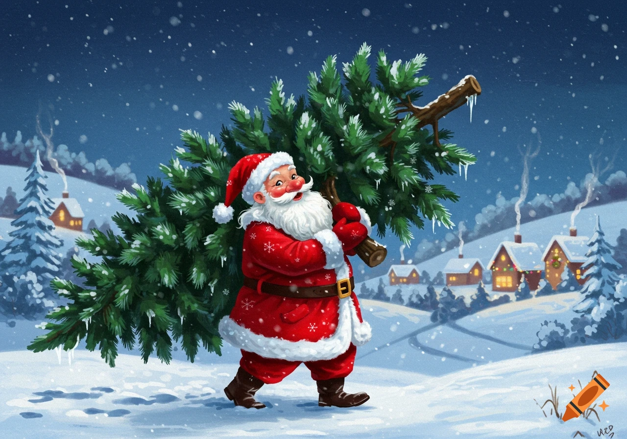 Santa Claus carries a large Christmas tree through a snowy village ...